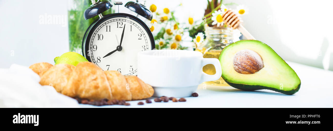 morning breakfast ,coffee in a white cup Croissant Avocado Awakening ...