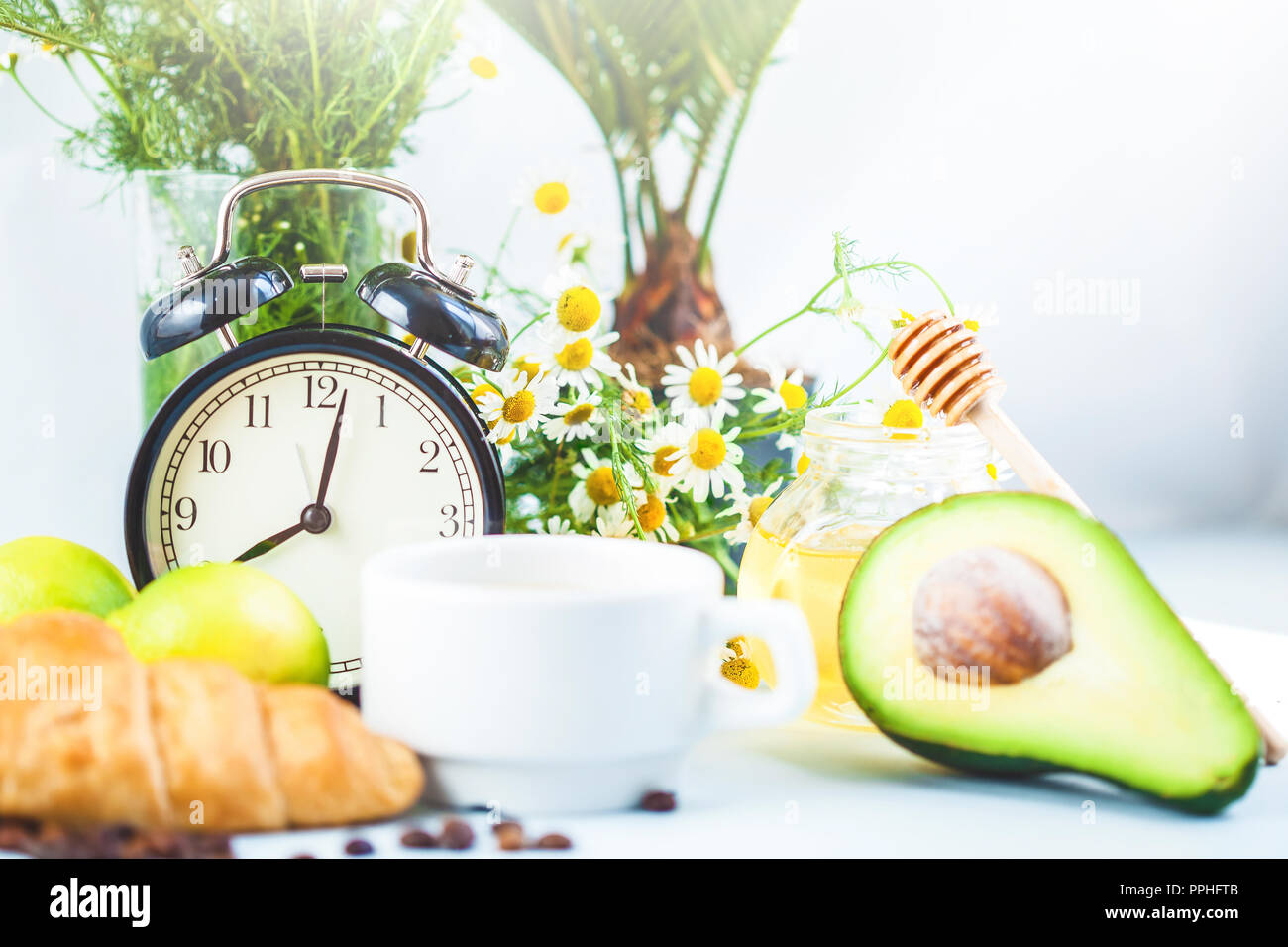 morning breakfast ,coffee in a white cup Croissant Avocado Awakening ...
