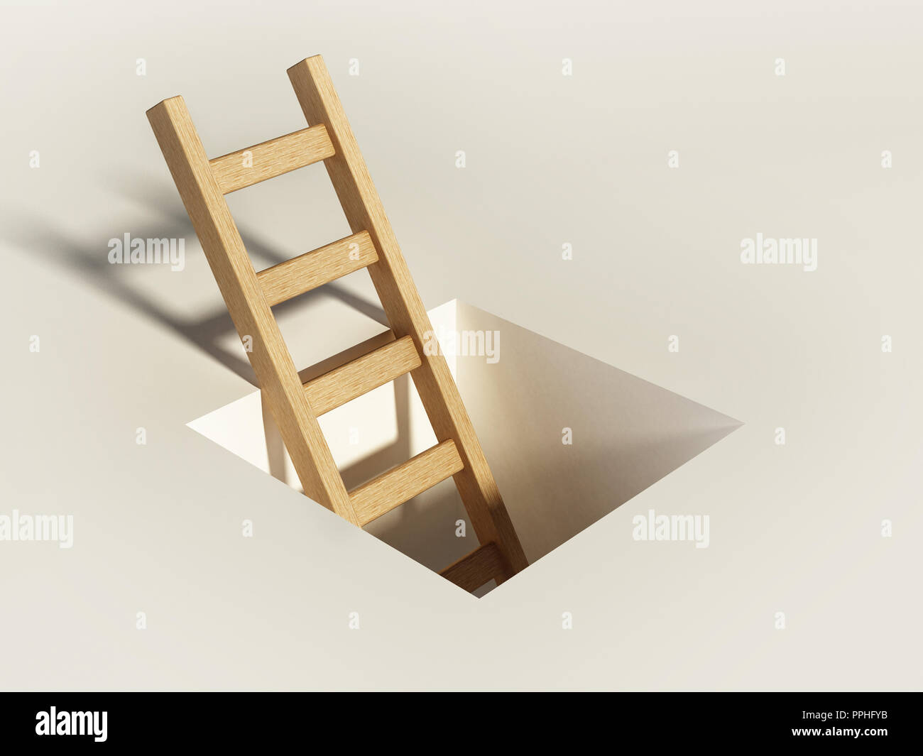 Wooden ladder rising above the square hole on the ground Stock Photo ...