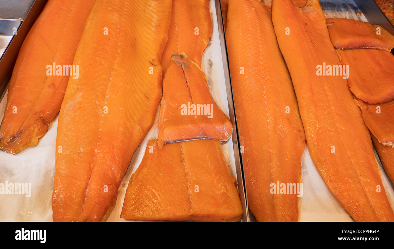 Cleaned smoked Norwegian salmon, a delicious local delicacy displayed ...