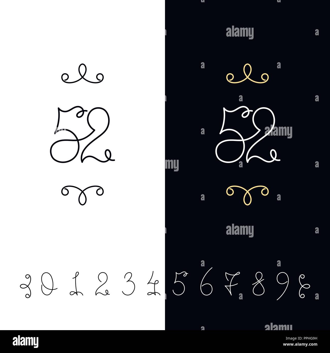 Set of vector calligraphy numbers from 0 to 9. Lined ornate monogram ...