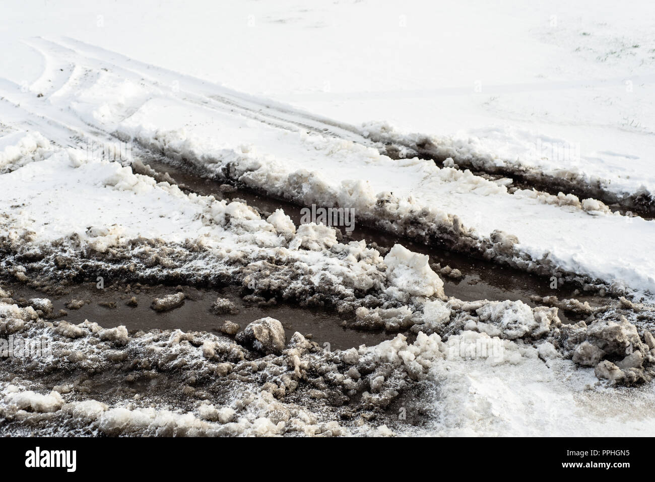 Winter on road, snow texture with tire tracks and puddle of mud in ...