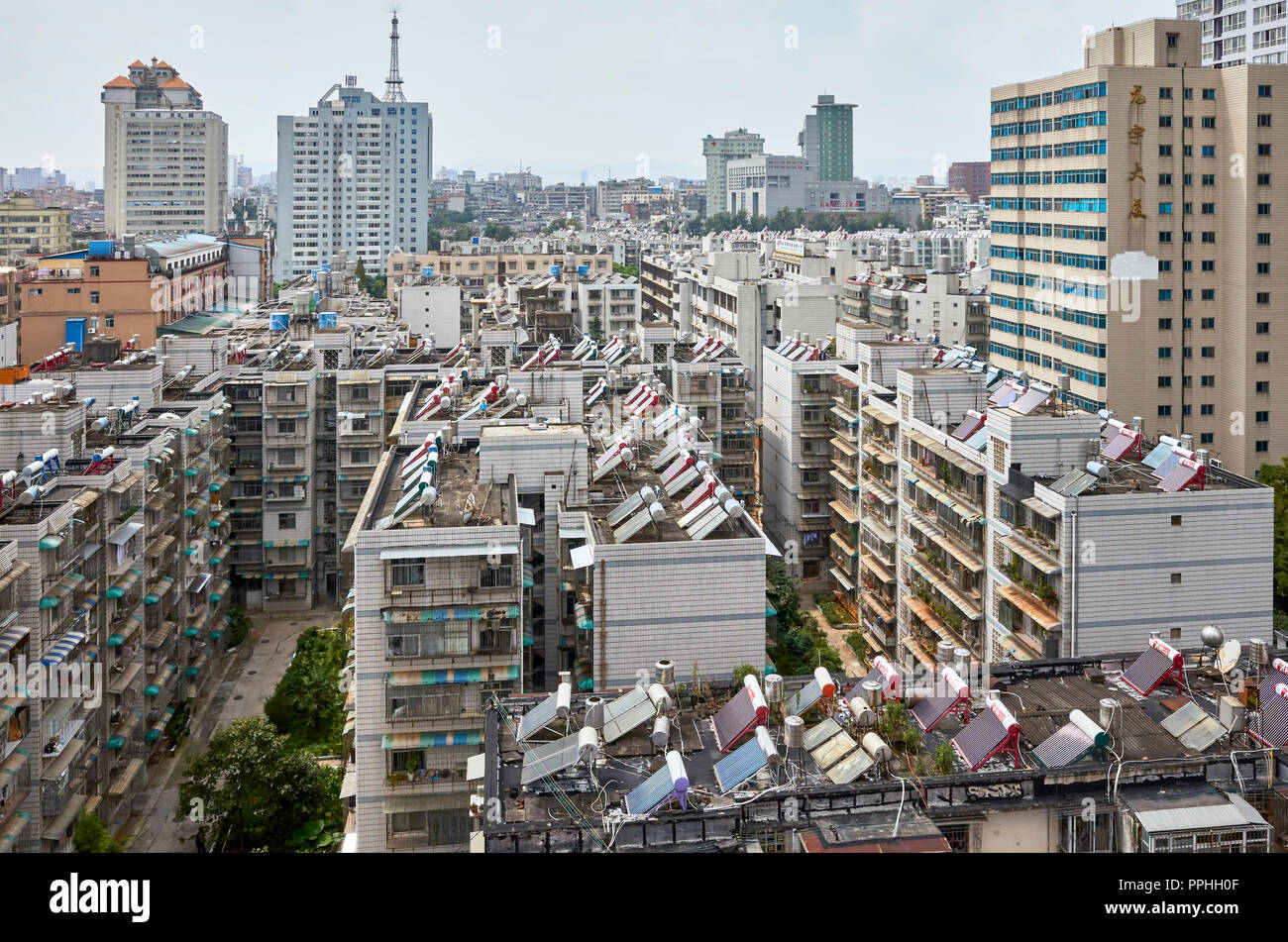 Kunming, China - September 20, 2017: Solar heating installations on ...