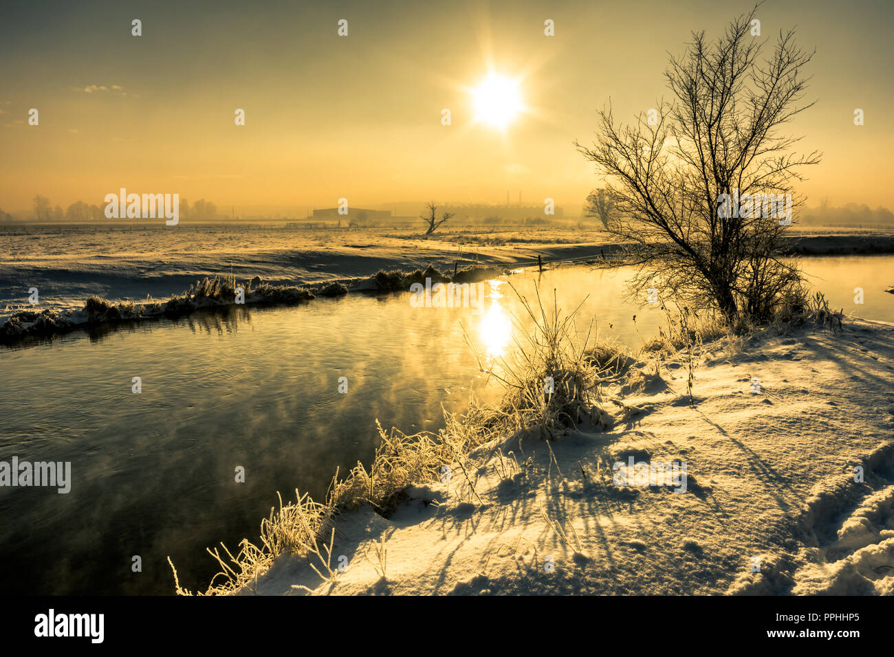 Nature scenery in winter over river, landscape with morning sun ...