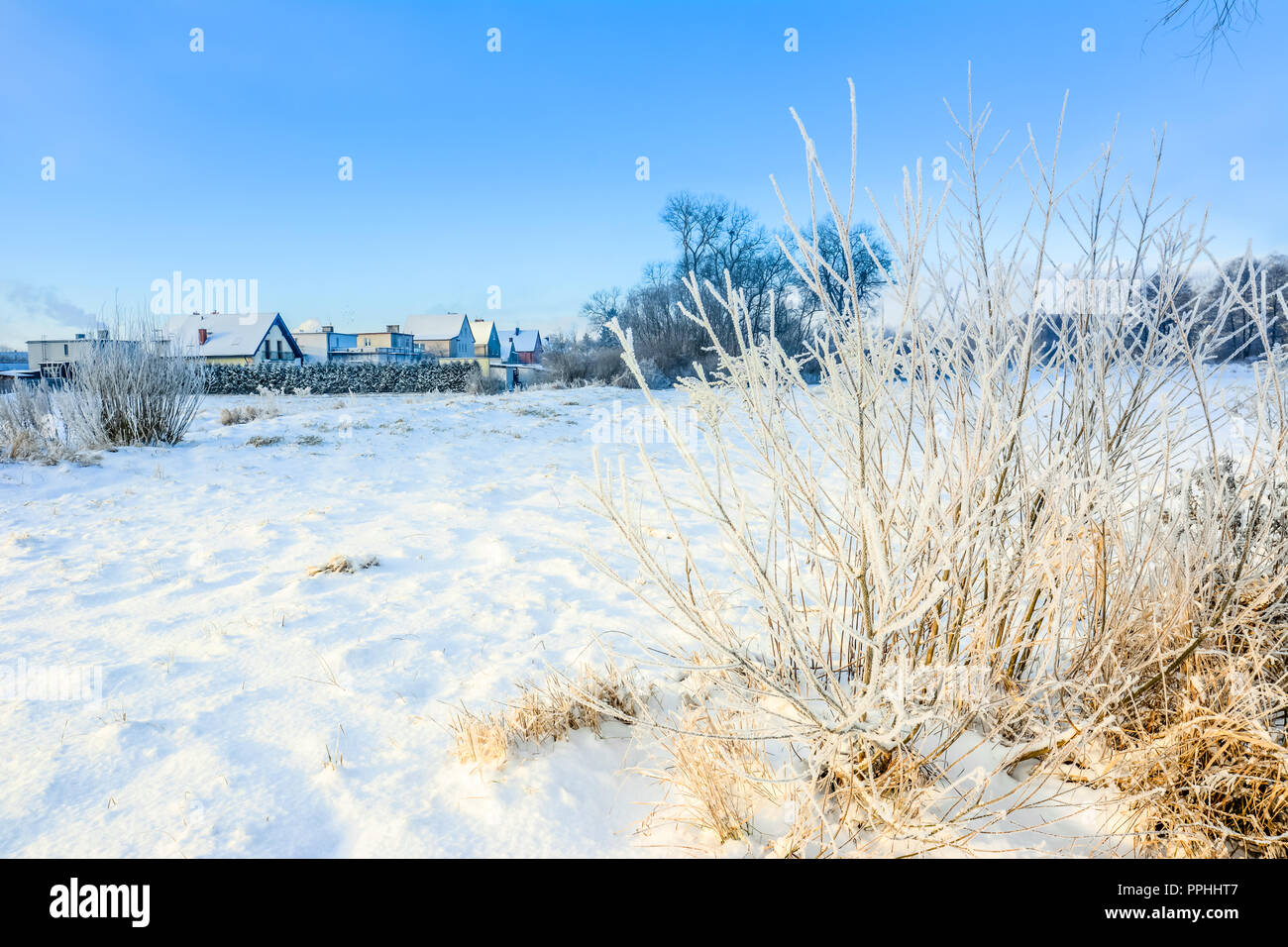 Scenic winter landscape with snow in countryside, houses in the village ...