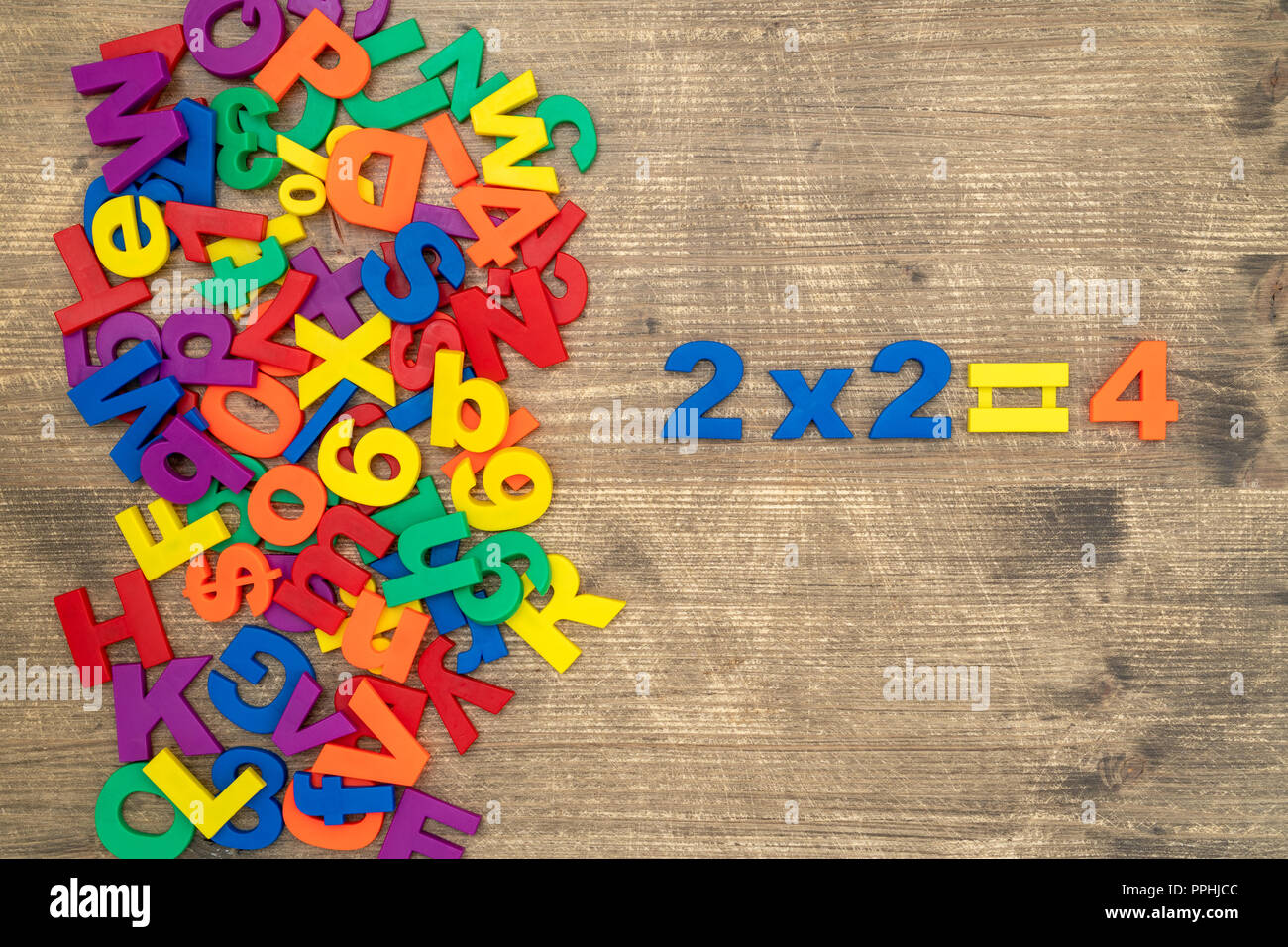 Simple mathematic multiplication on a wooden background Stock Photo - Alamy