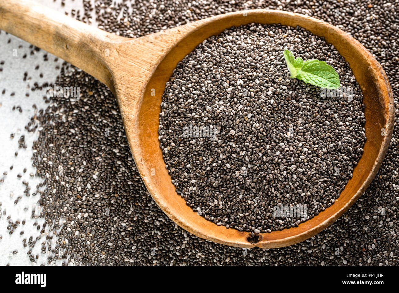 Healthy food - omega-3 source - macro of chia seed, overhead over ...