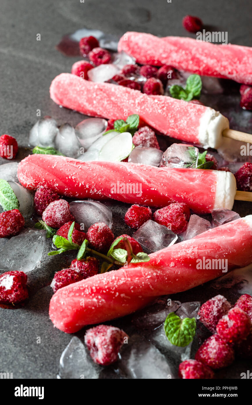Raspberry ice lolly with sorbet from frozen fruits, sweet summer ...