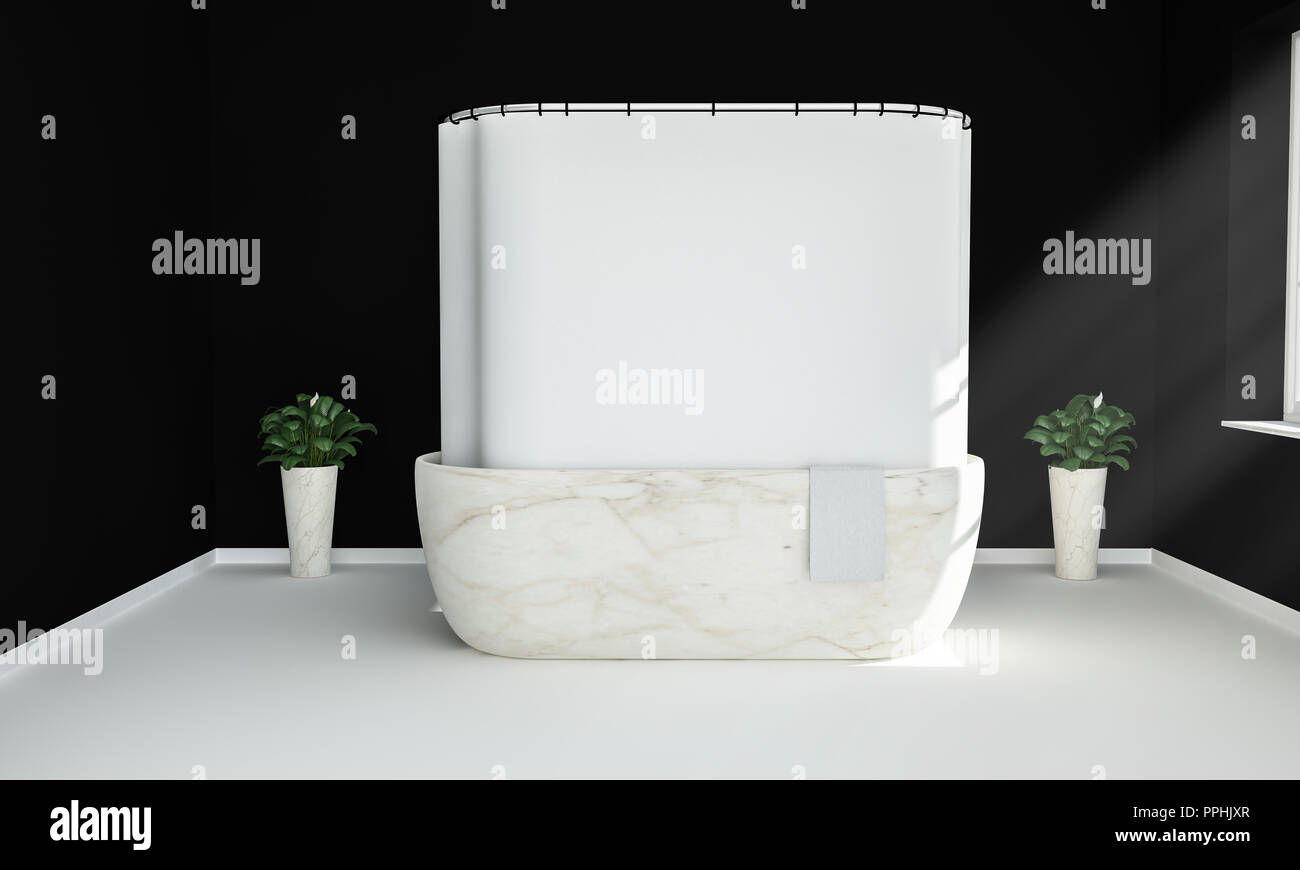 black and white bathroom with shower curtain mockup 3d rendering Stock ...