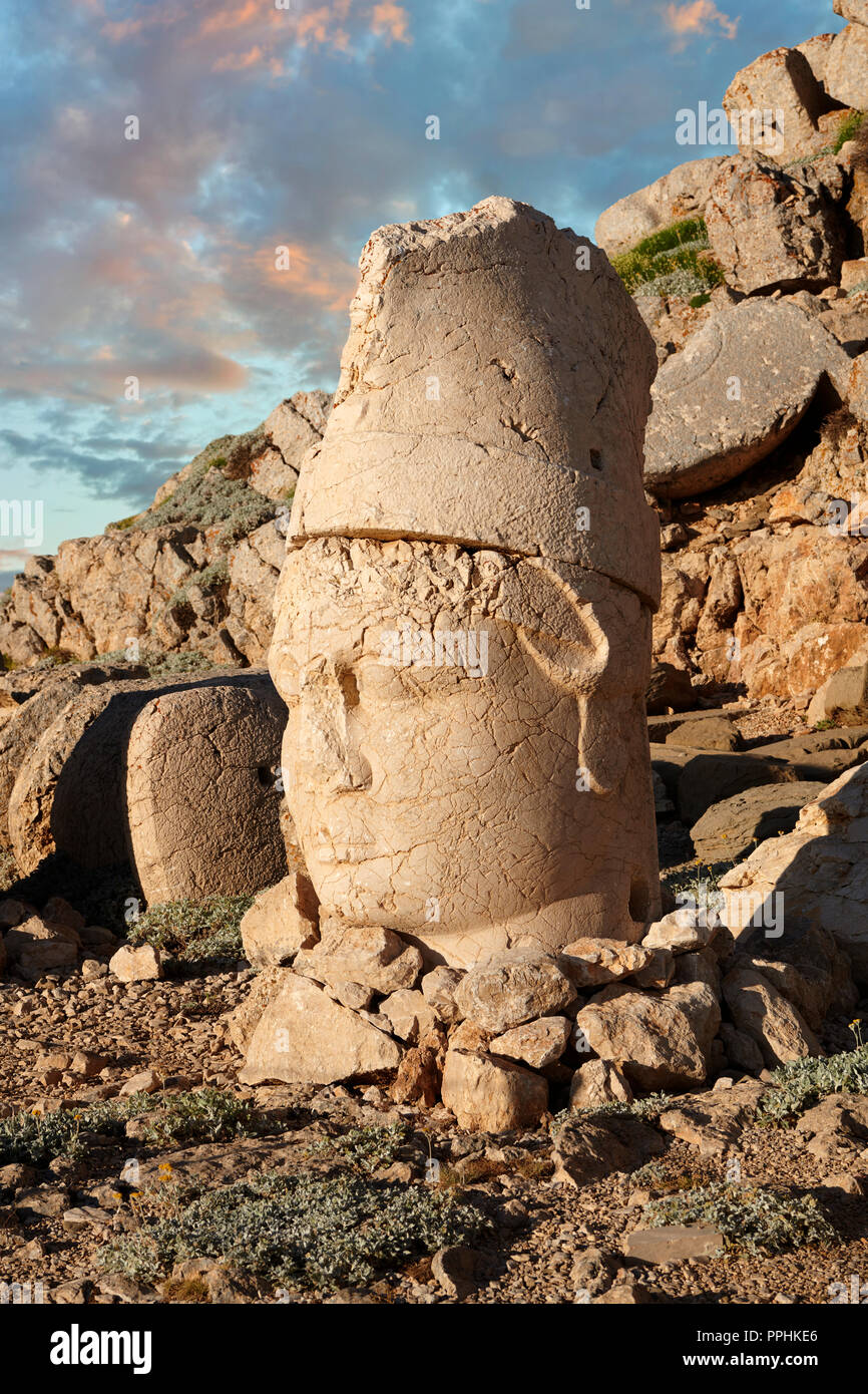 Statue head at sunrise of Antiochus in front of the stone pyramid 62 BC ...