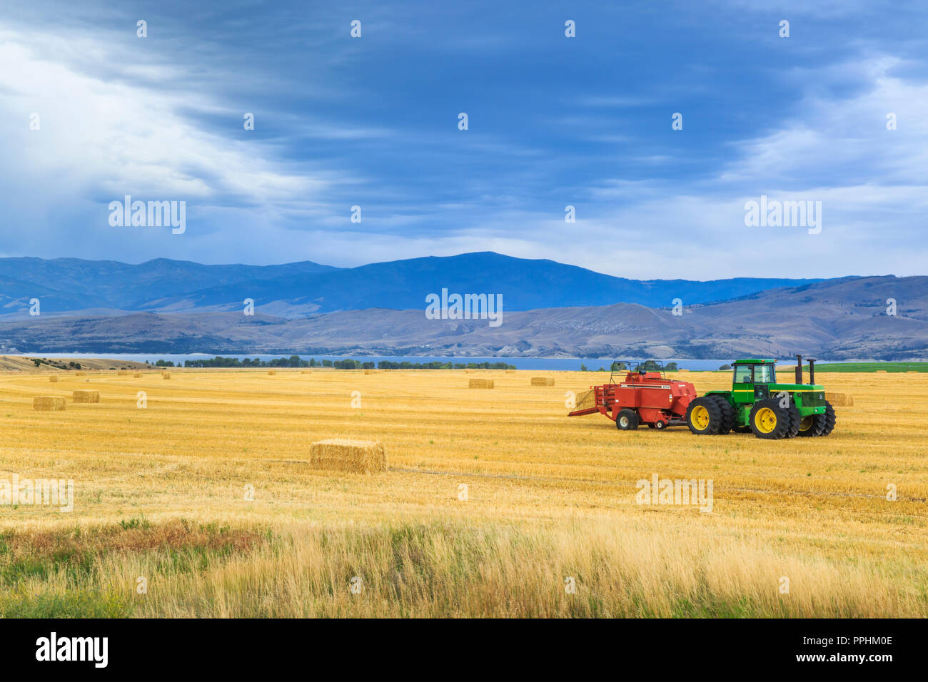 straw bales and tractor in harvested wheat field above canyon ferry ...