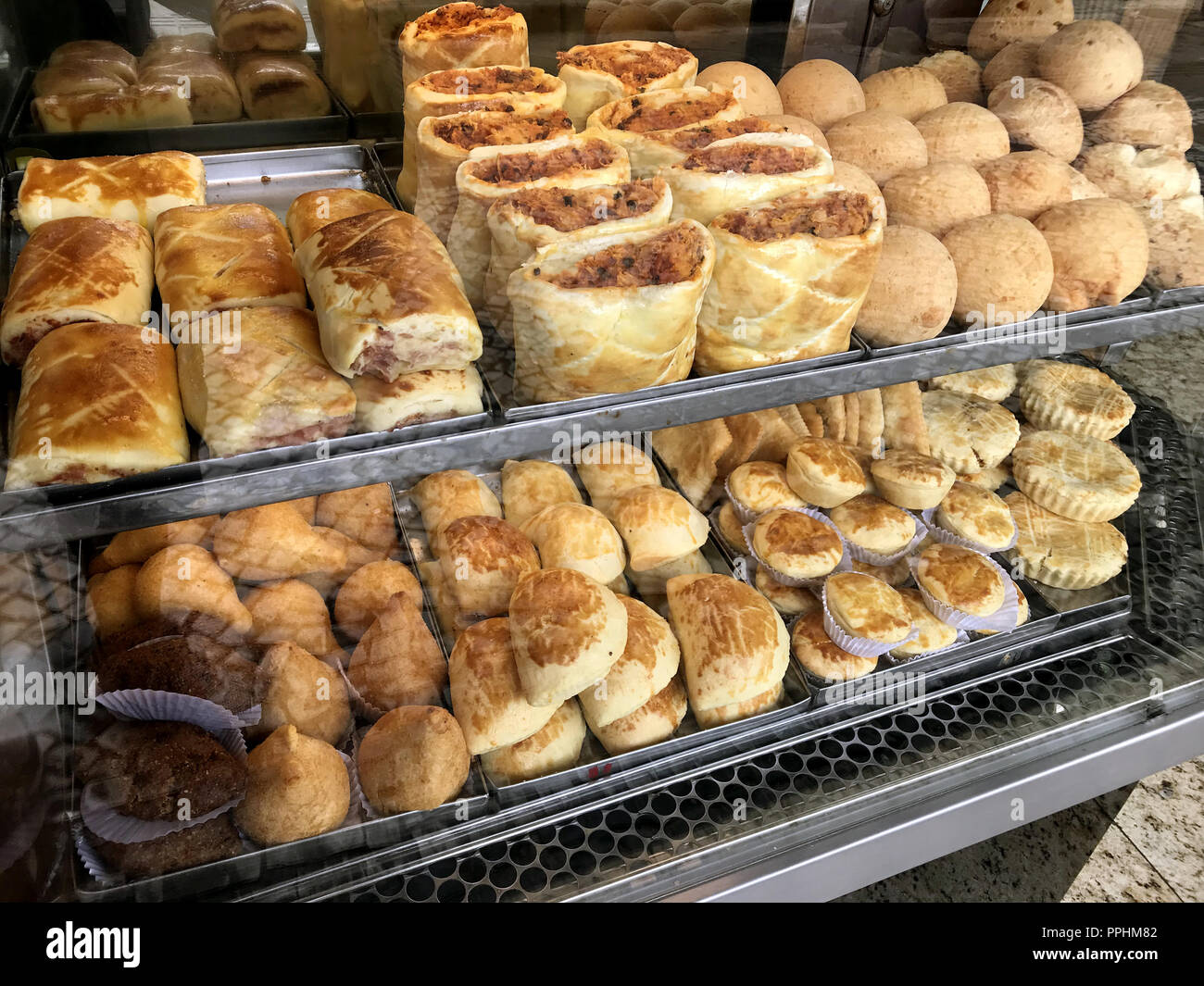 Shop window display with Brazilian snacks Stock Photo - Alamy
