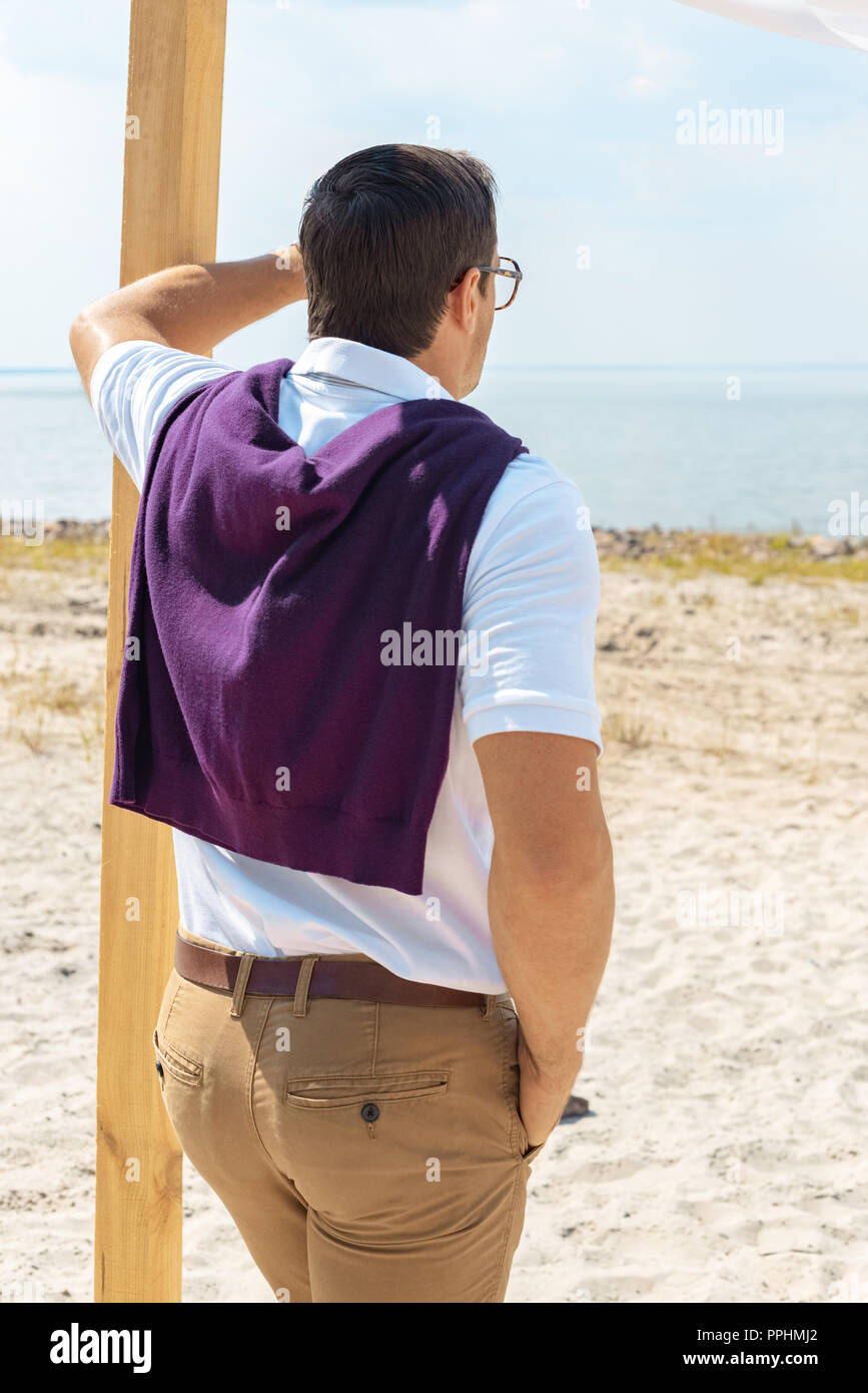 back view of man looking away on sandy beach Stock Photo - Alamy