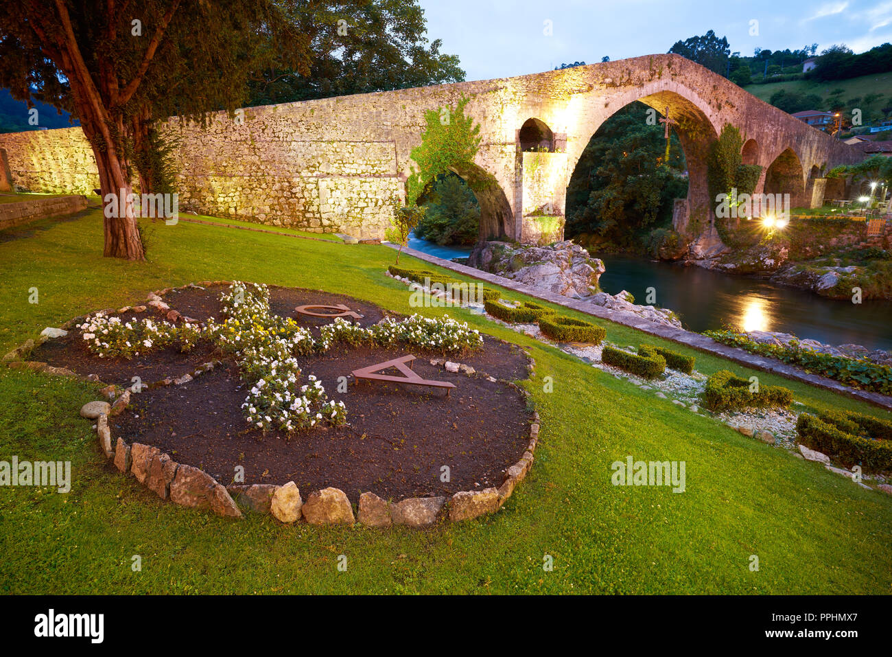 Cangas de Onis roman bridge on Sella river in Asturias of Spain Stock ...