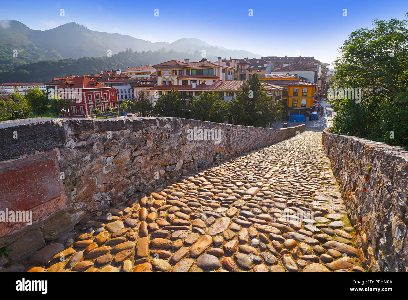 Cangas de Onis roman bridge on Sella river in Asturias of Spain Stock ...