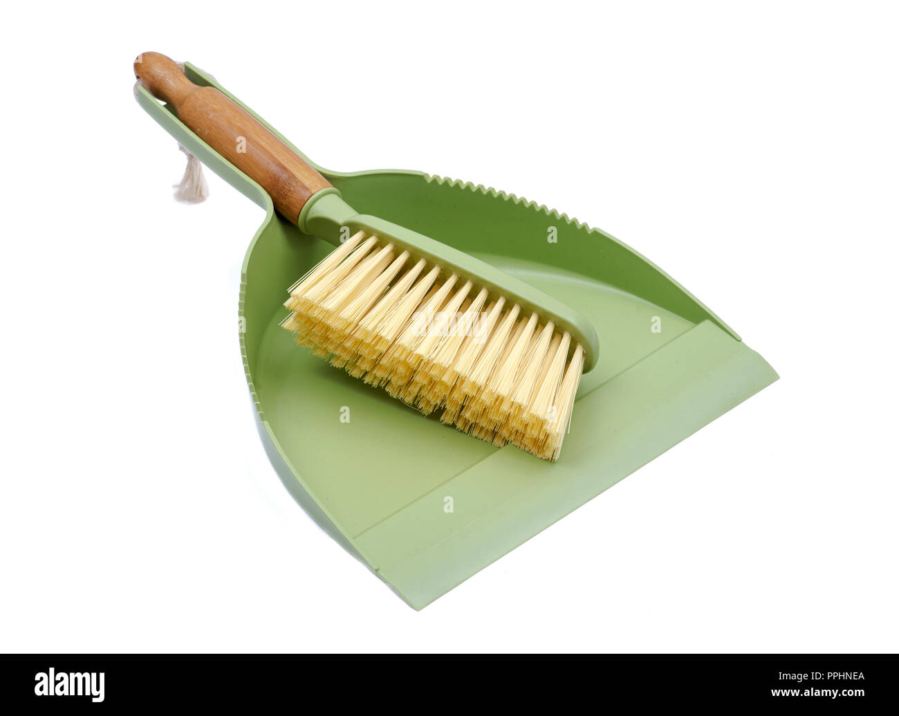 Green dustpan and natural bamboo broom set isolated on white background ...