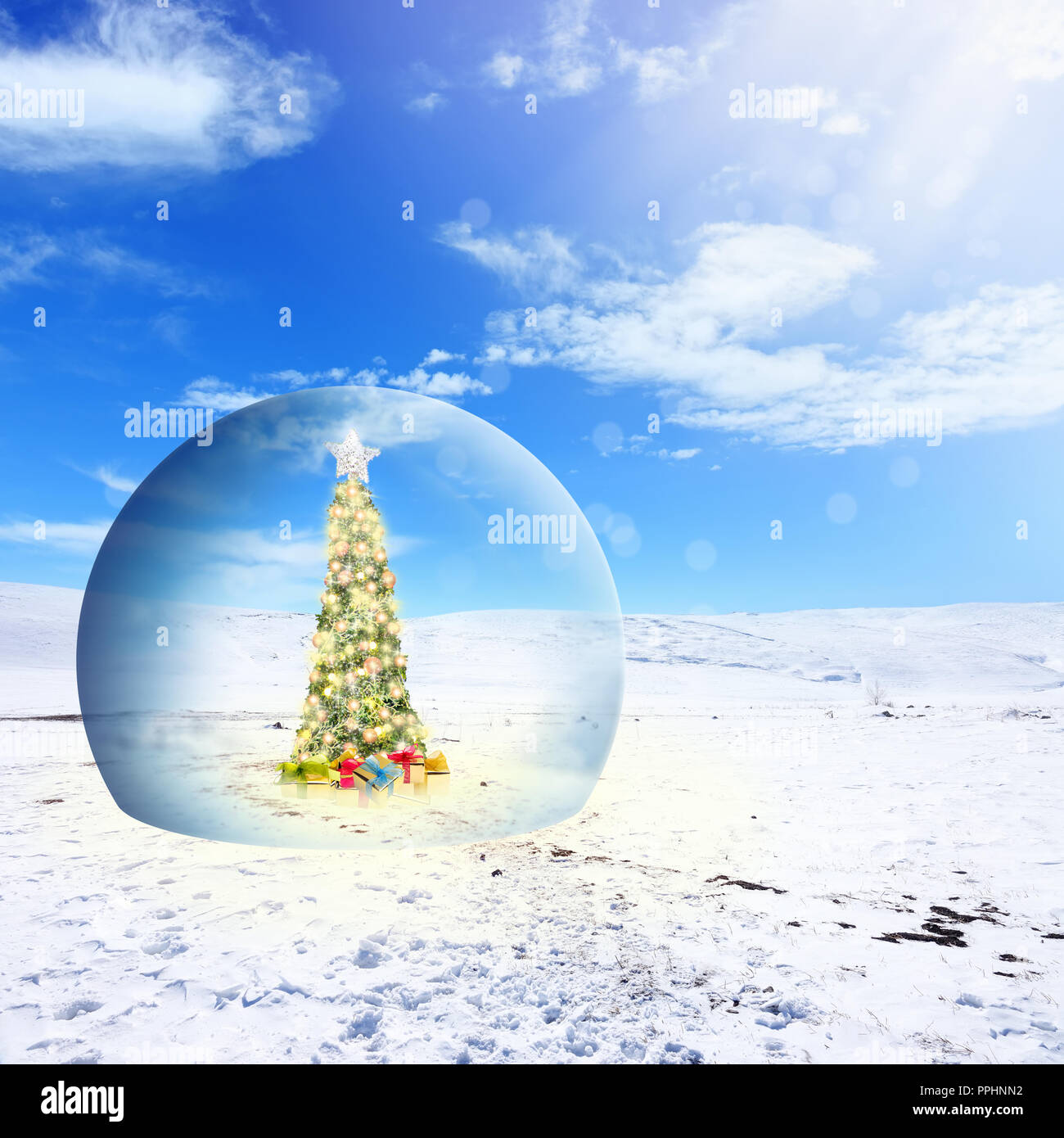 Conceptual image of decorated Christmas tree with colorful lights and ...