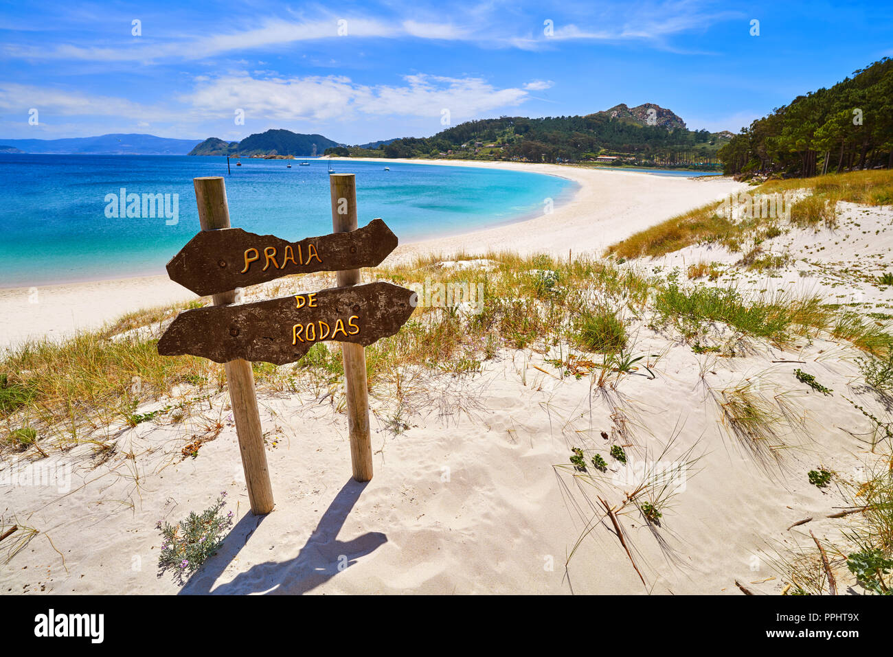 Praia de Rodas beach sign in islas Cies island in Vigo at Spain Stock ...