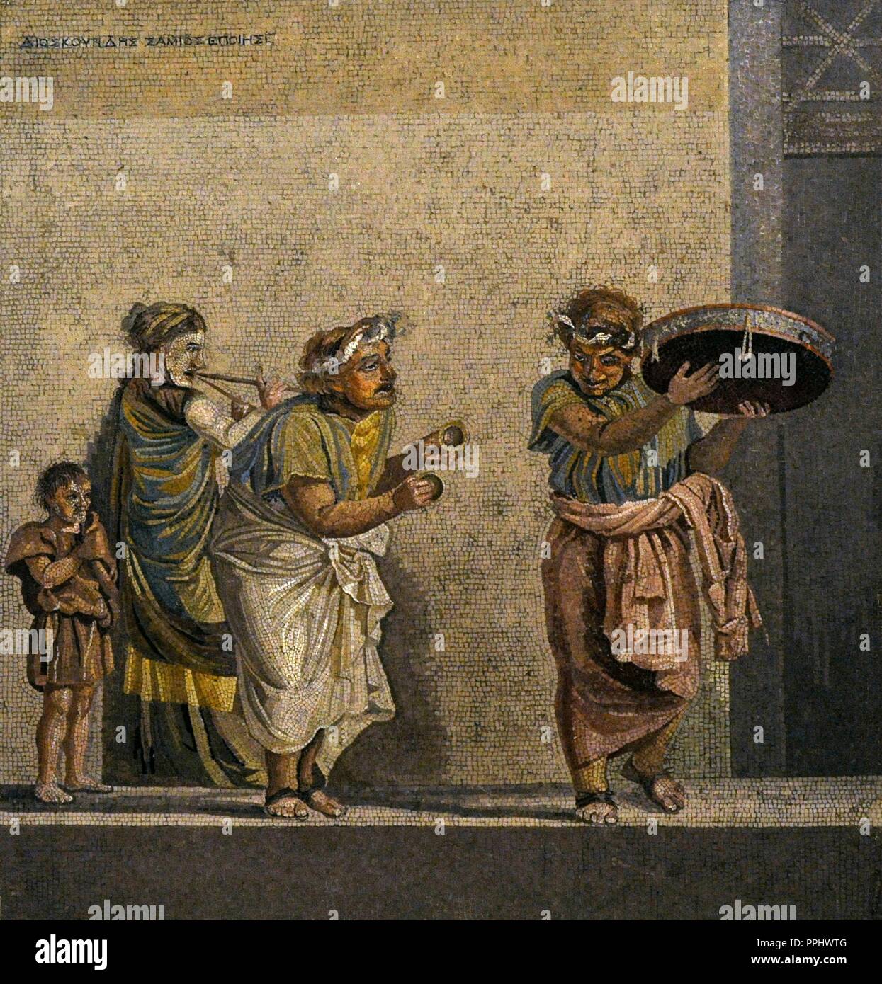 Roman mosaic. Ambulant actors.2nd c.BC. The musicians are playing a ...