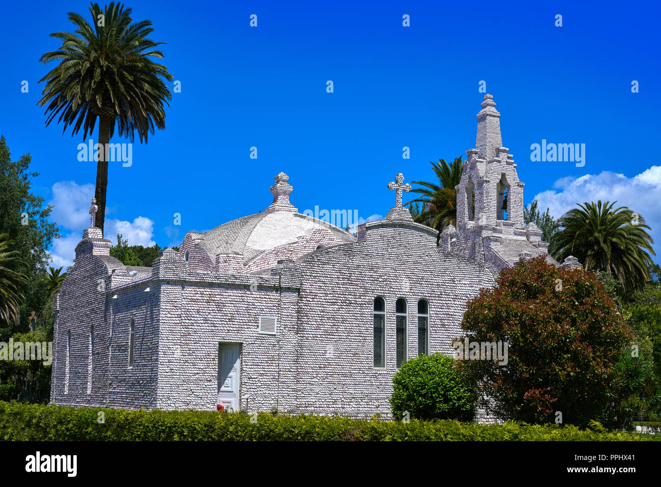 La toja island Toxa Chapel made of sea shells in Pontevedra Galicia ...