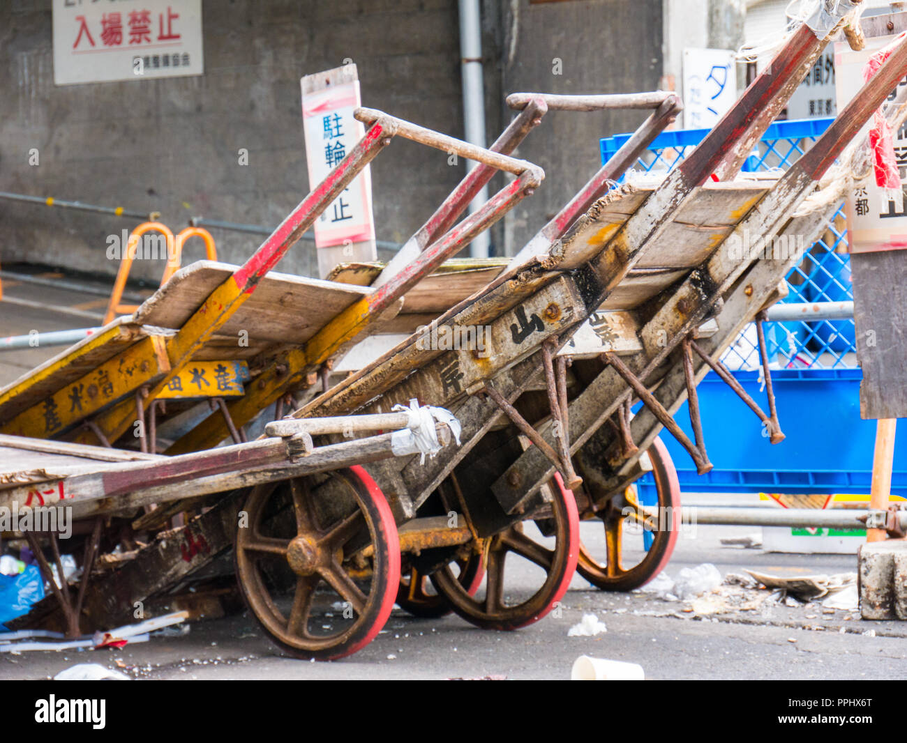 Tokyo, Japan - September 9, 2018: Trolley are parked in Tsukiji fish ...