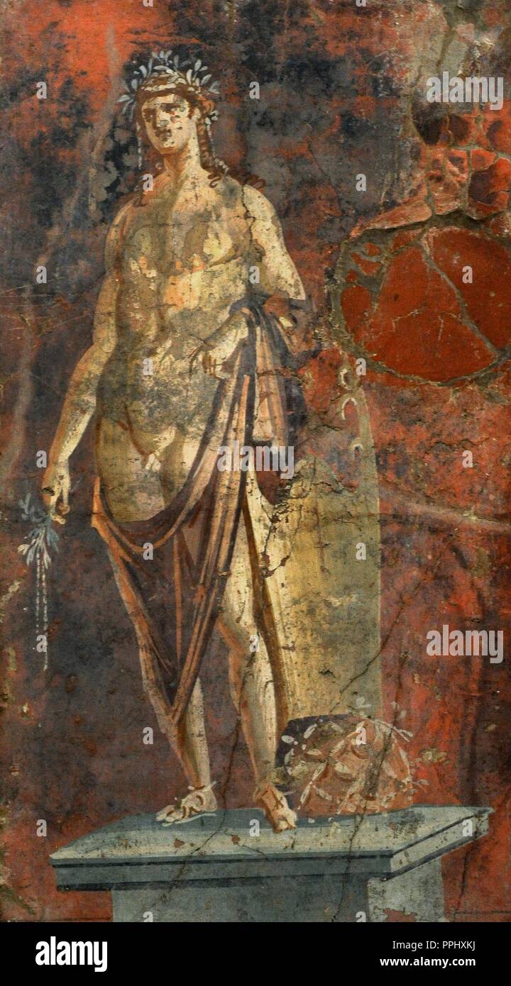 Roman fresco depicting a statue of Apollo, next to the omphalo, the ...