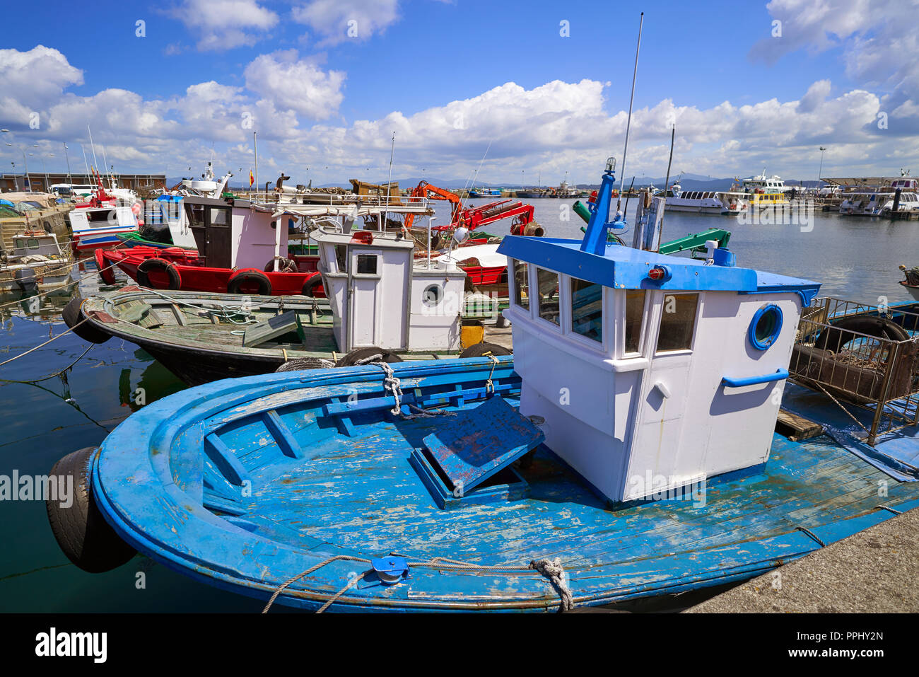 O Grove Ogrove port with fishing boats of Arosa river in Pontevedra of ...