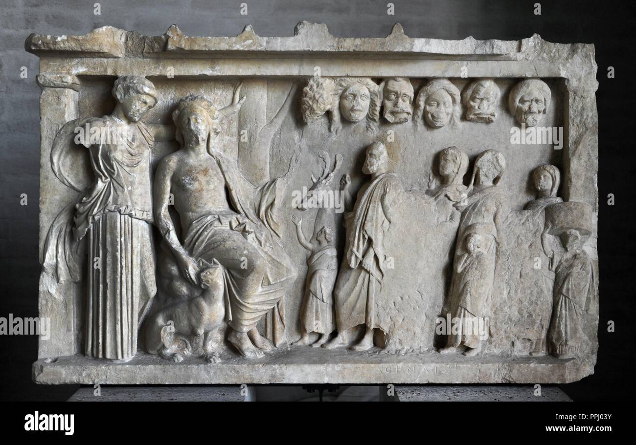 Votive stele depicting a sacrificial procession to Dionysus and Artemis ...