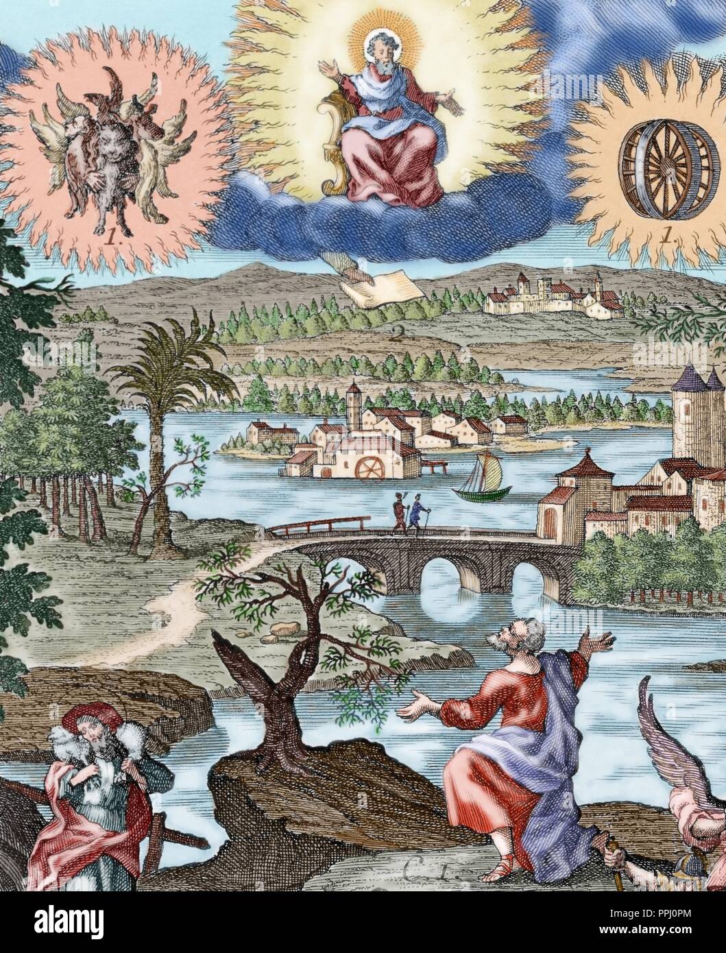 Ezekiel (622-570 BC). Hebrew prophet. Vision of Ezekiel. Colored ...