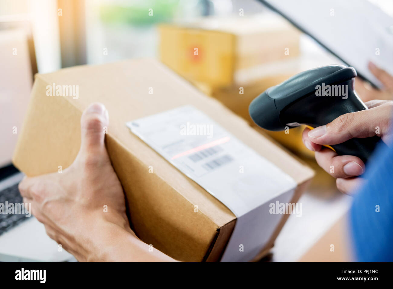Courier hands Business woman work at home office checking parcel ...
