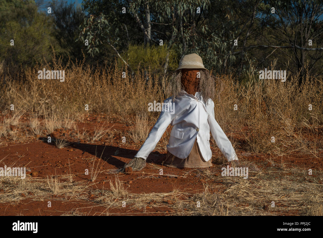 A termite mound wearing a white jacket and a straw hut, Australia Stock ...
