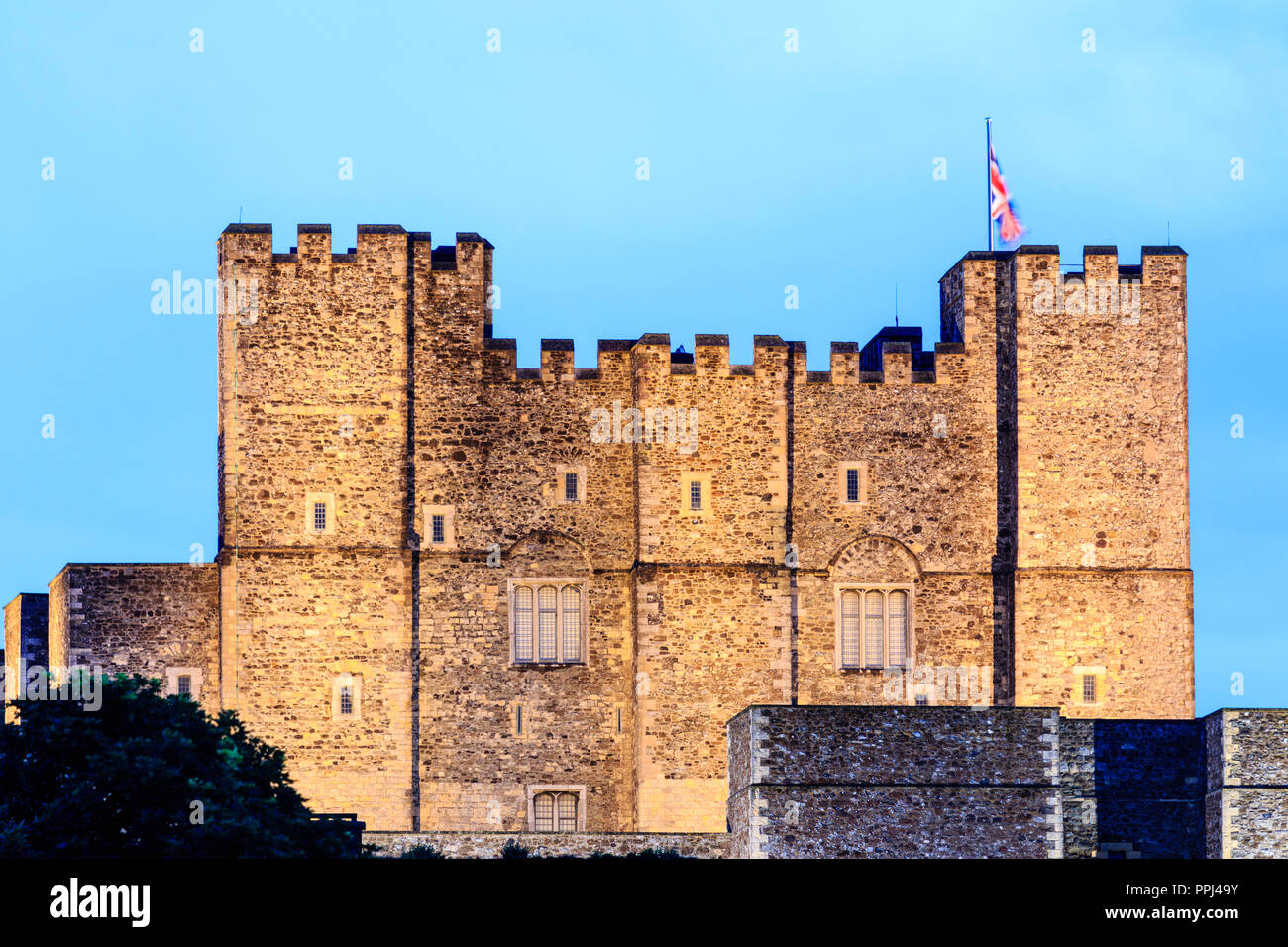 English historical landmark, Dover Castle. Night time with heavy cloud ...