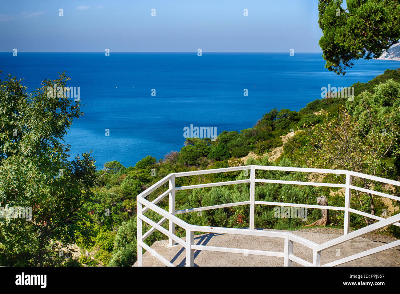 Seascape, observation deck. Summer panorama. A place to think. Calm sea ...