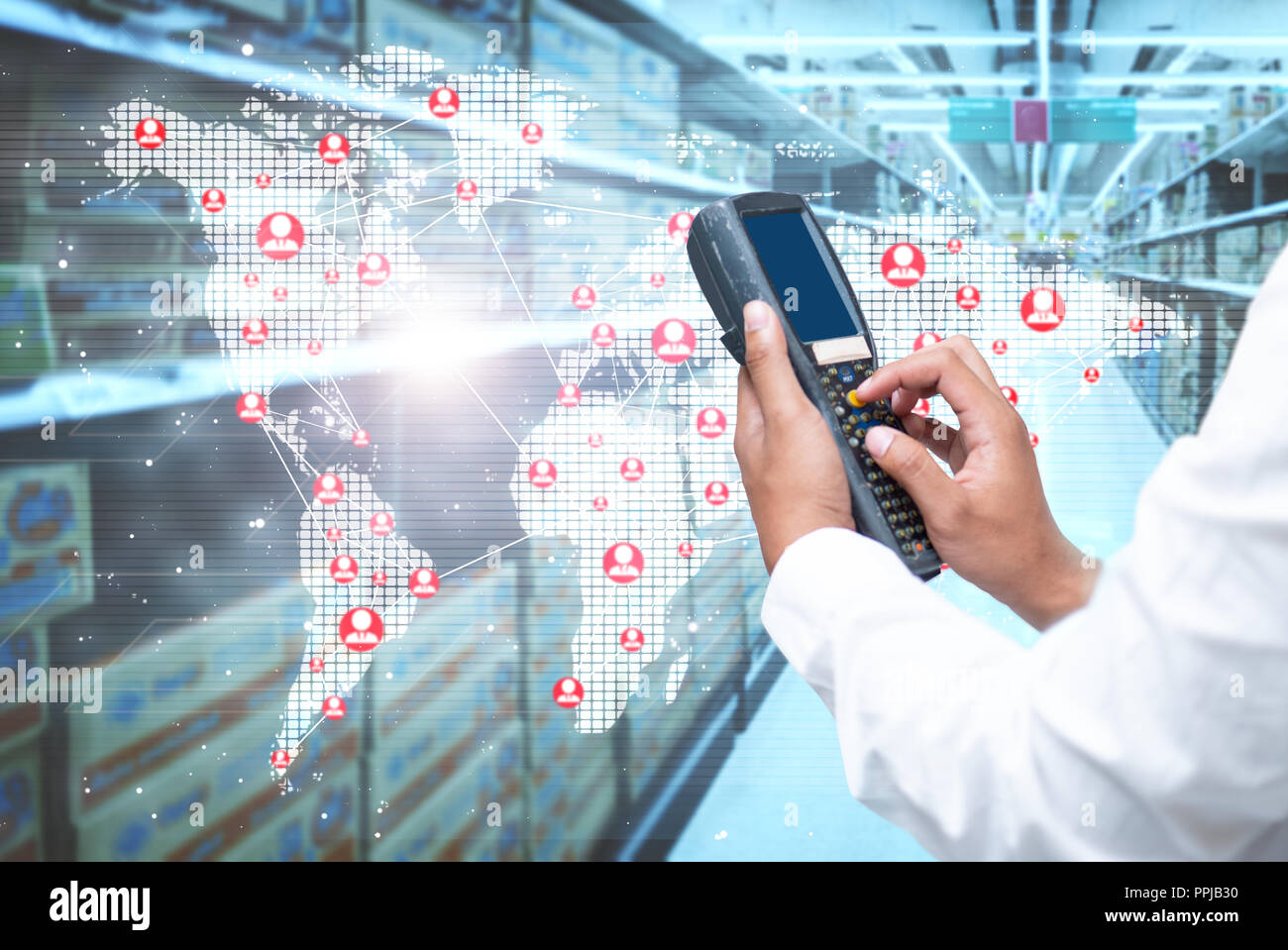 A worker scanning cargo with bluetooth barcode scan. Reading and ...