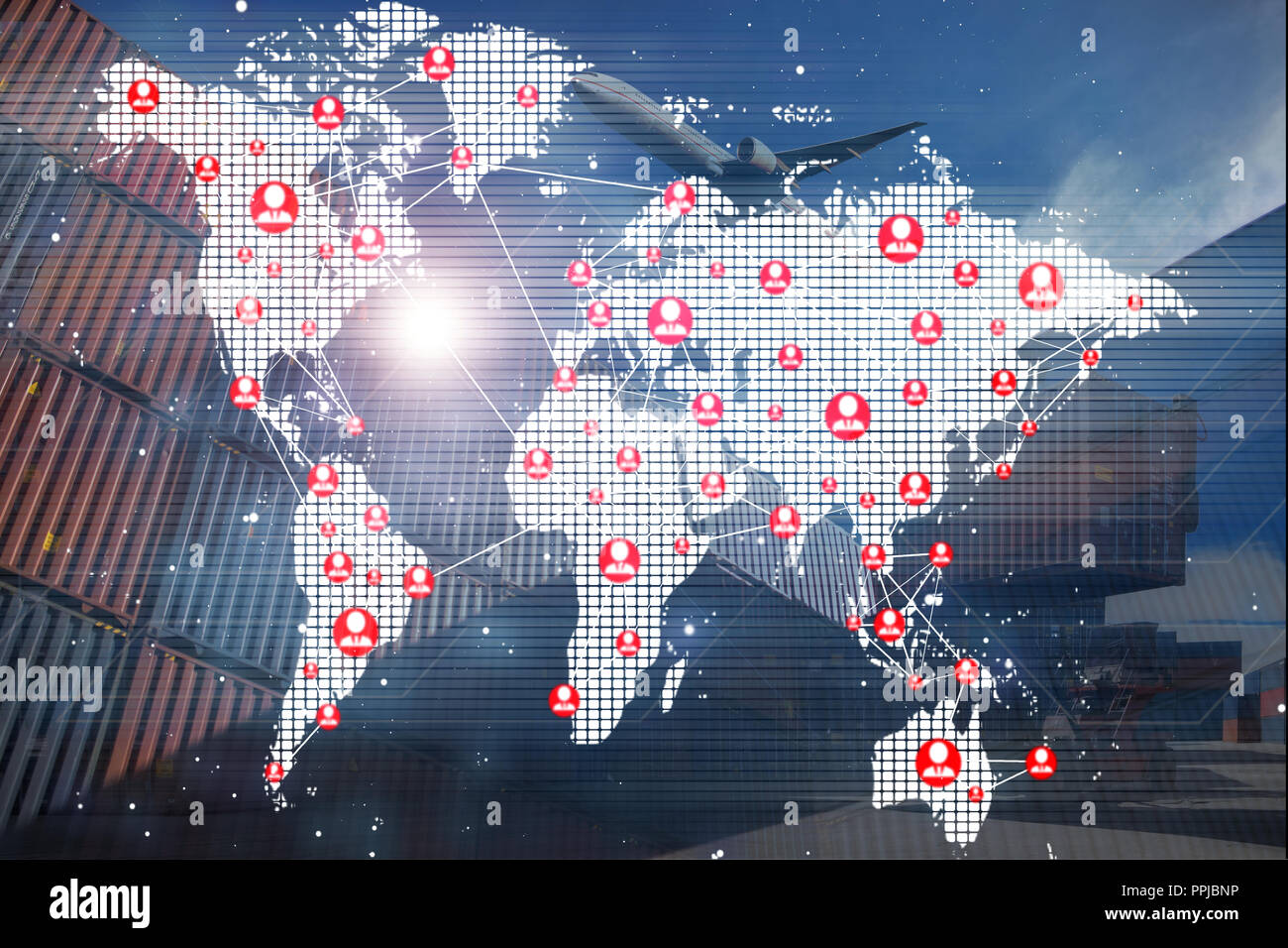 global network connection on the world map and line of link and ...