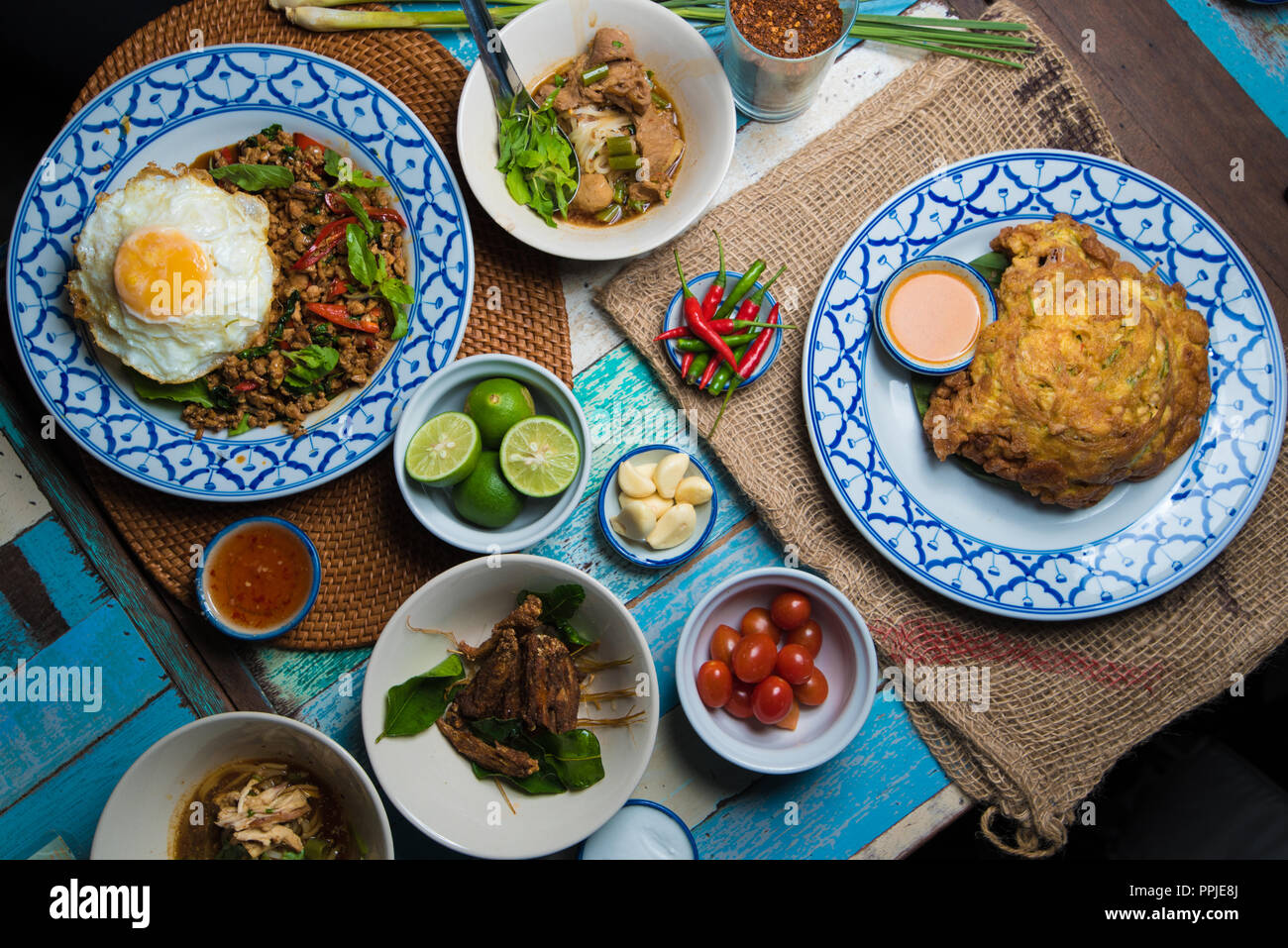 food photography flat layout of various dishes and spices Stock Photo ...