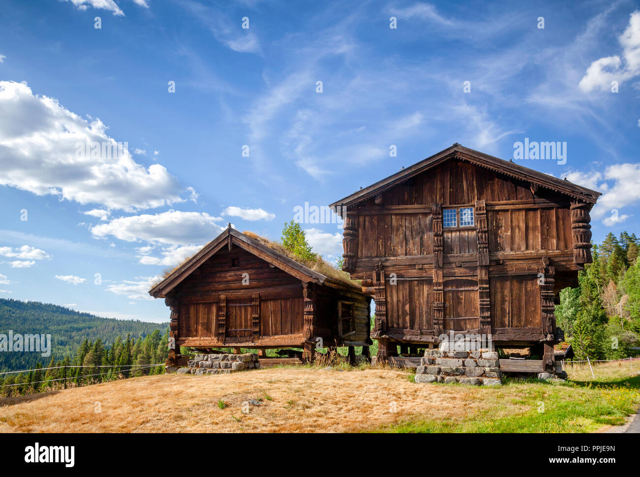 Old traditional Norwegian Stabbur elevated wooden store houses Telemark ...