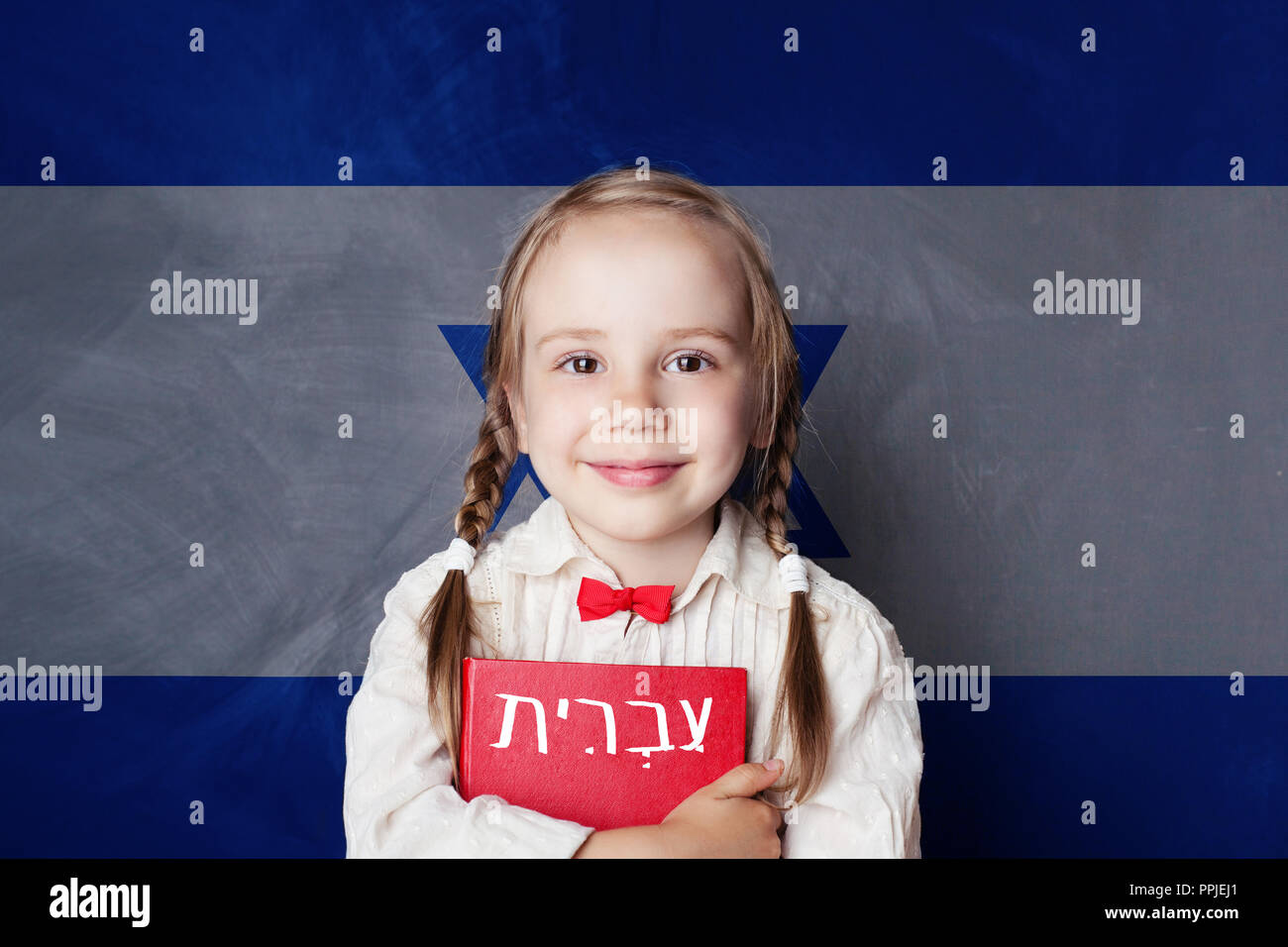 Learn hebrew language. Smart child girl on Israel flag background Stock ...