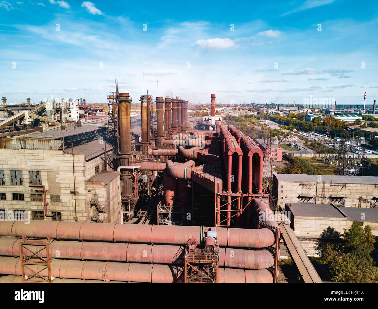Concept of environmental pollution, drone view of smokestack pipe steel ...