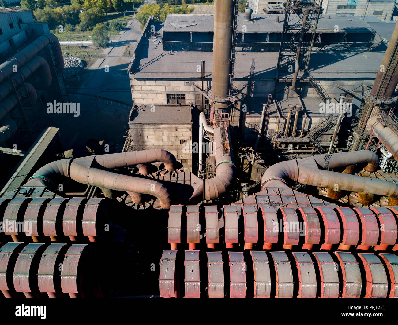 Concept of environmental pollution, drone view of smokestack pipe steel ...