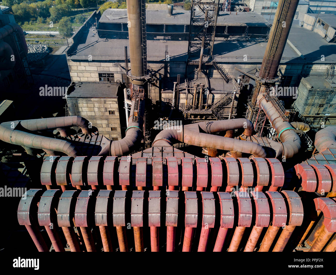 Concept of environmental pollution, drone view of smokestack pipe steel ...
