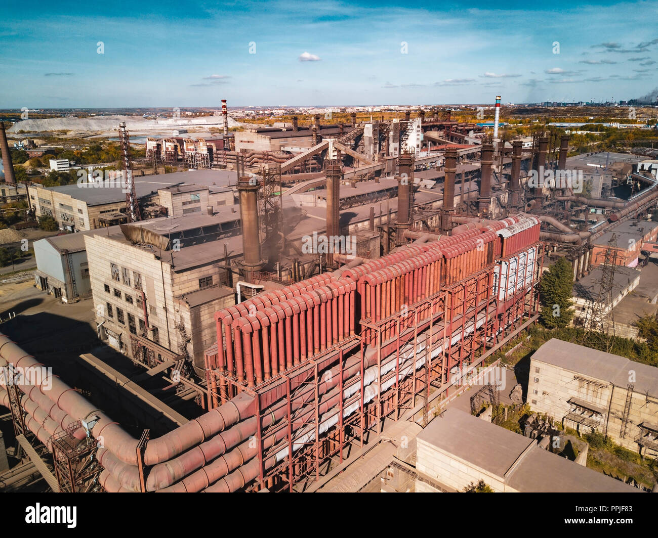 Concept of environmental pollution, drone view of smokestack pipe steel ...