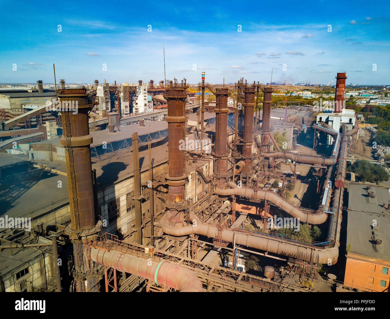 Concept of environmental pollution, drone view of smokestack pipe steel ...
