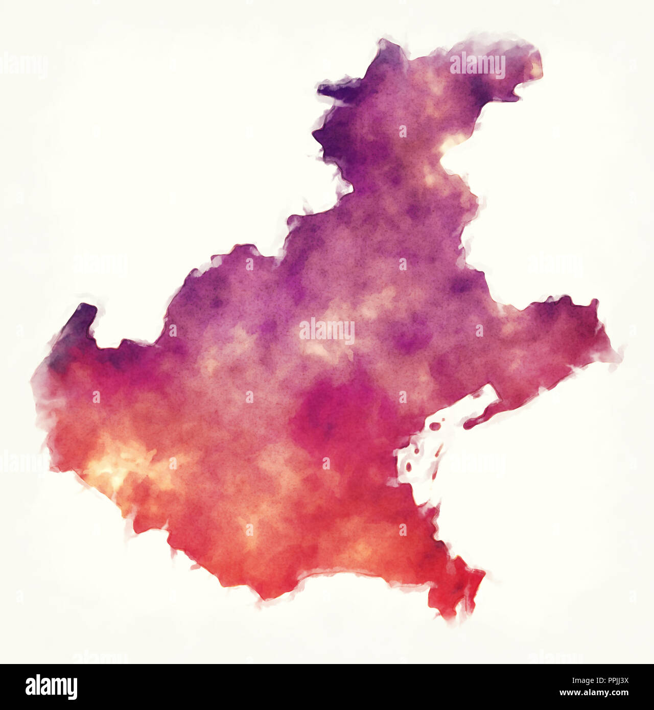 Veneto region watercolor map of Italy in front of a white background ...