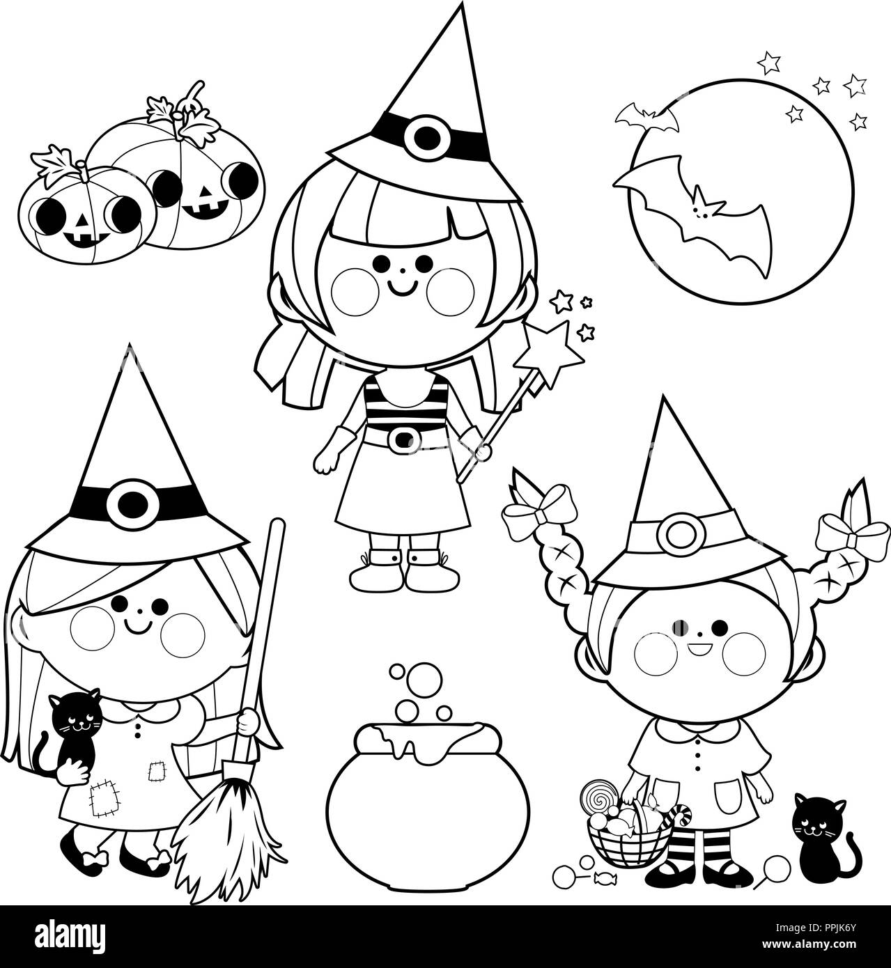 Girls dressed in witch costumes, treats, candy and other Halloween ...