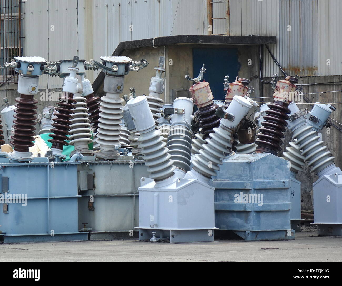 Ceramic porcelain insulators used for high voltage power lines Stock ...