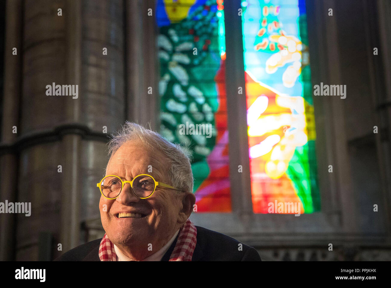 David Hockney in front of The Queen's Window, a new stained glass ...