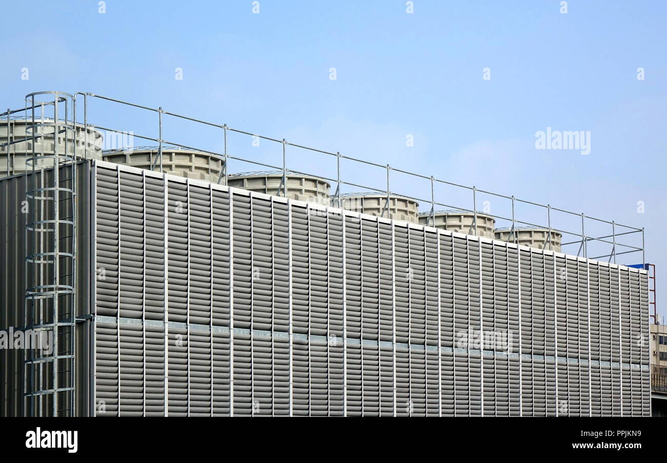 Large industrial air conditioning system with vents and fan towers ...