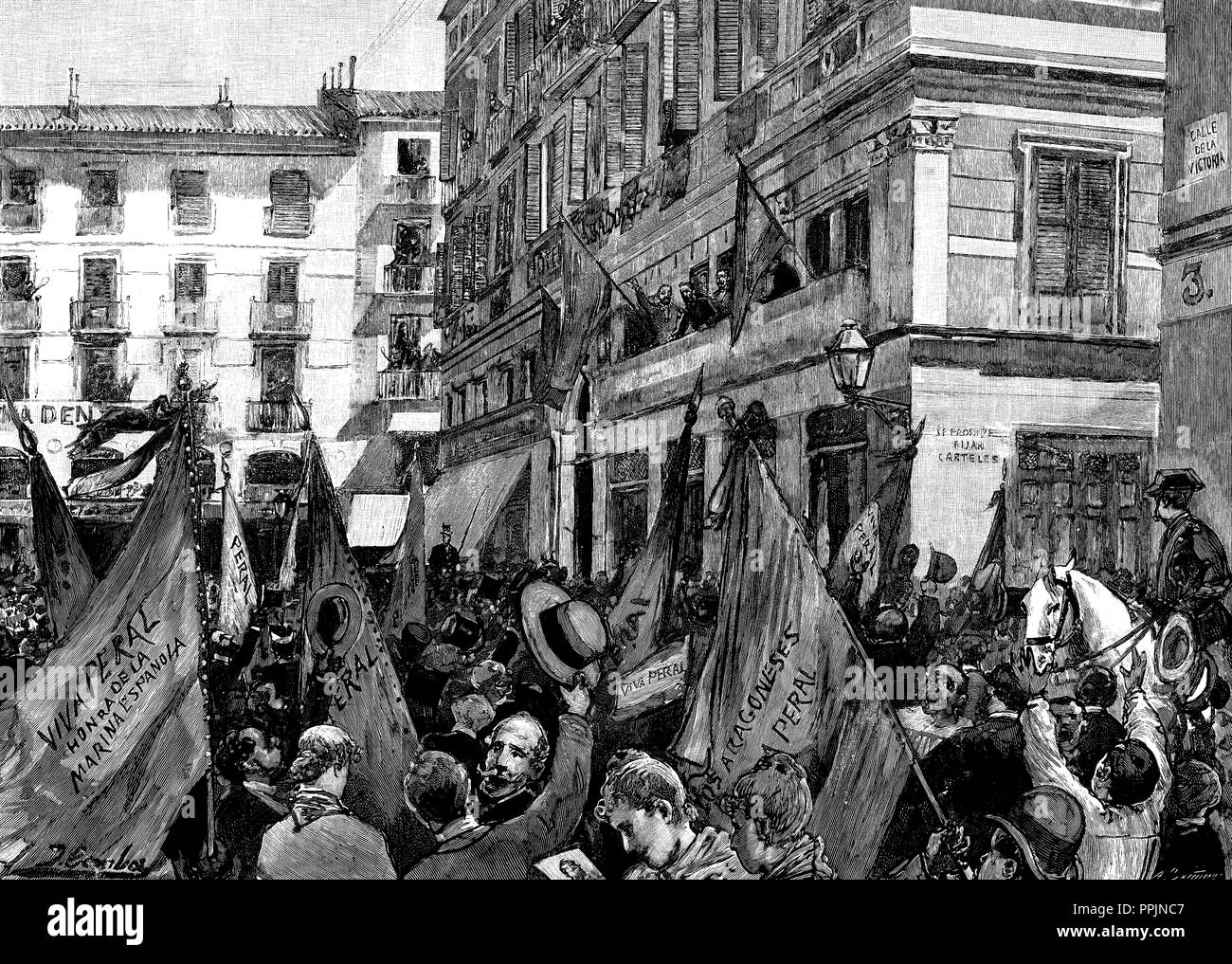 Spain. A crowd honouring Isaac Peral, inventor of the submarine, while ...