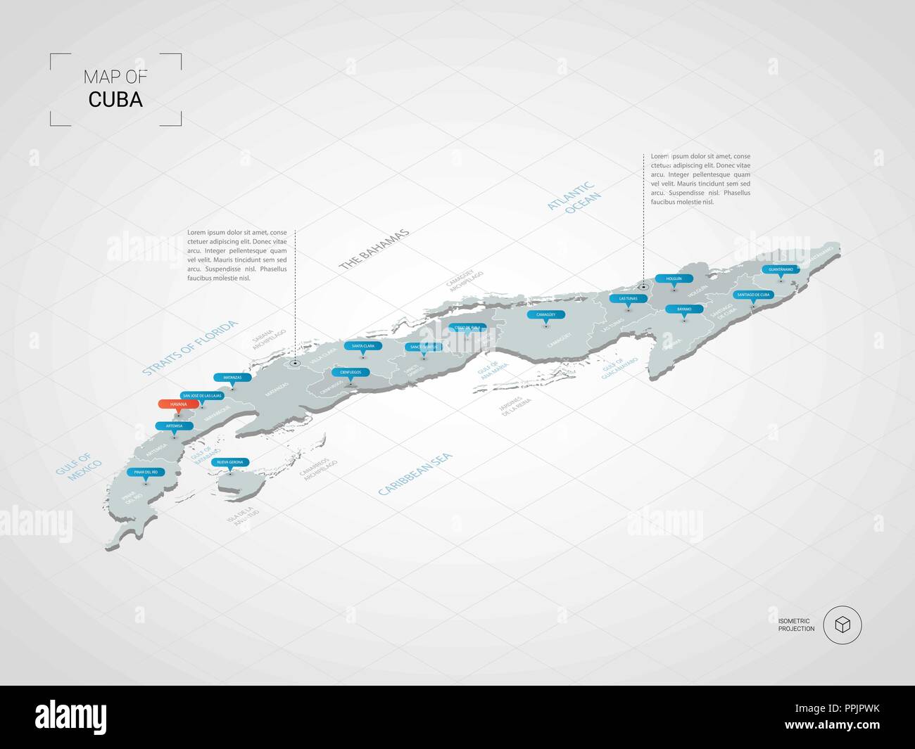 Isometric 3D Cuba map. Stylized vector map illustration with cities ...